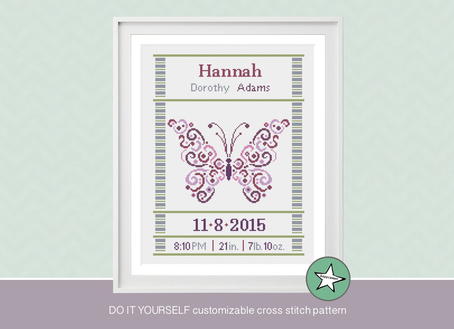 Cross Stitch Baby Birth Sampler, Birth Announcement, Butterfly, Purple ...