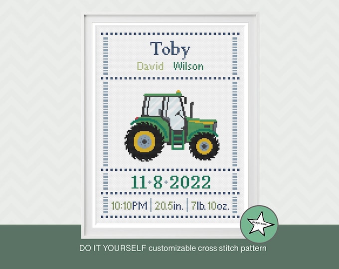 Cross Stitch Pattern Baby Birth Sampler Tractor, Birth Announcement ...