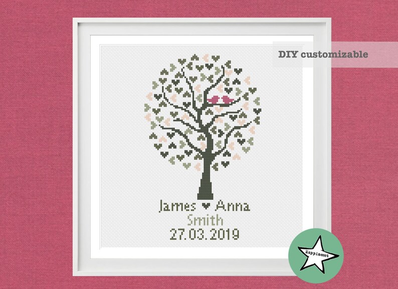 Wedding cross stitch pattern love tree wedding tree round | Etsy