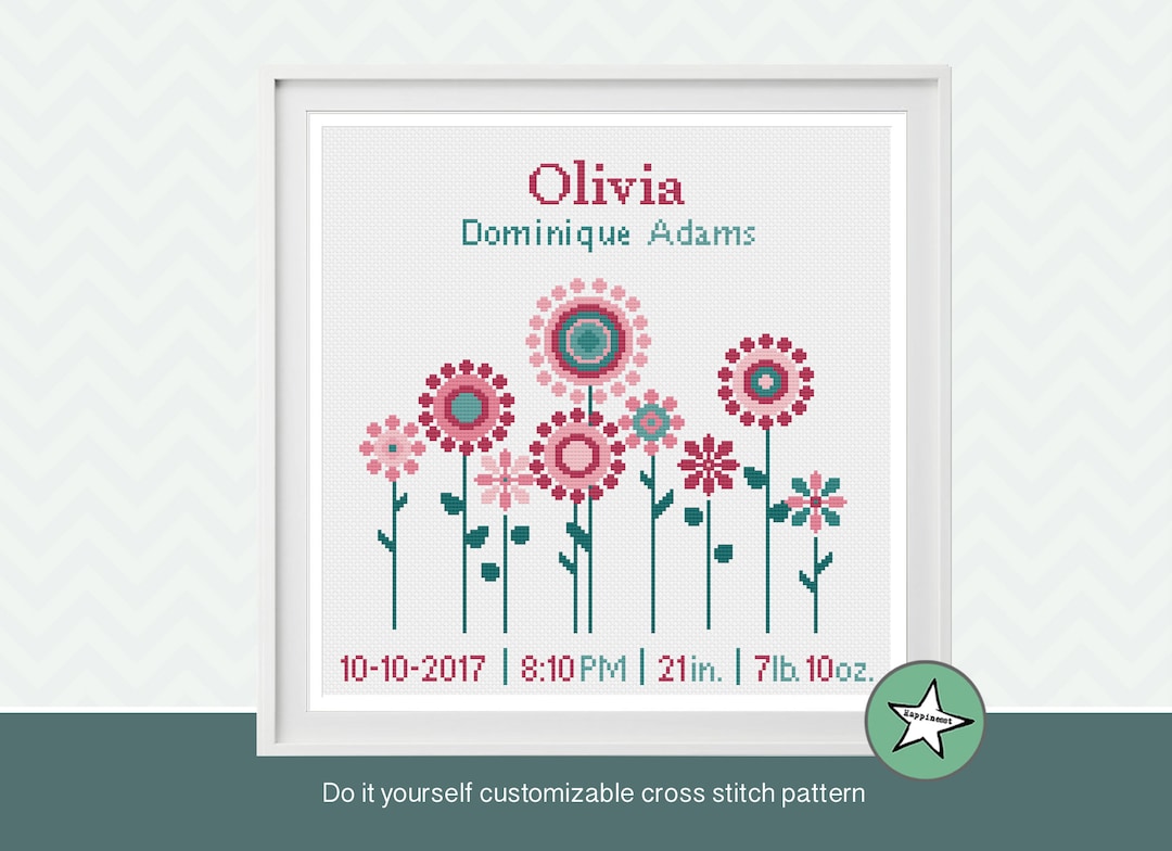 Cross Stitch Pattern Baby Birth Sampler, Birth Announcement, Flowers ...