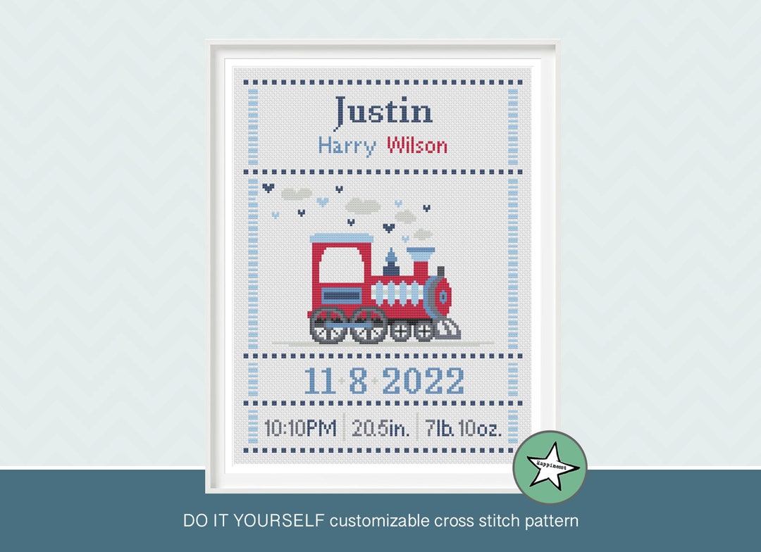 Cross Stitch Pattern Baby Birth Sampler Train, Birth Announcement, Blue ...