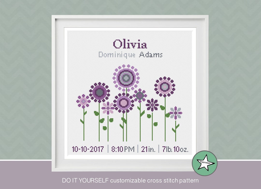 Cross Stitch Baby Birth Sampler, Birth Announcement, Flowers, Purple ...