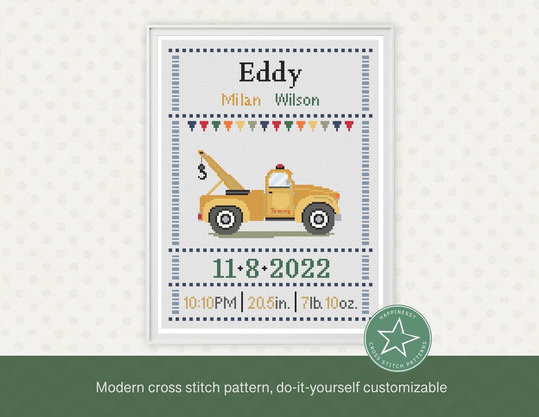 Cross Stitch Pattern Baby Birth Sampler Tractor, Birth Announcement ...
