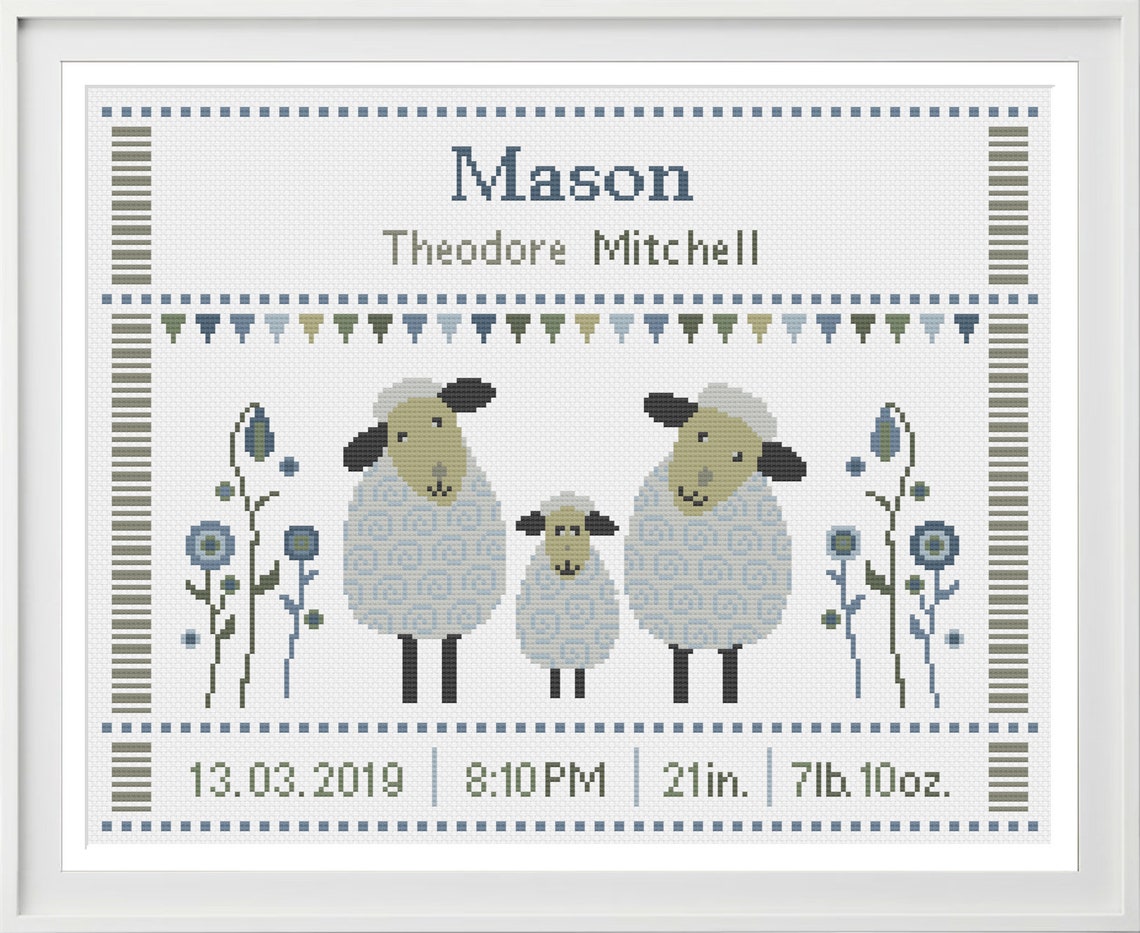 Cross Stitch Pattern Baby Birth Sampler Sheep Blue Green on | Etsy
