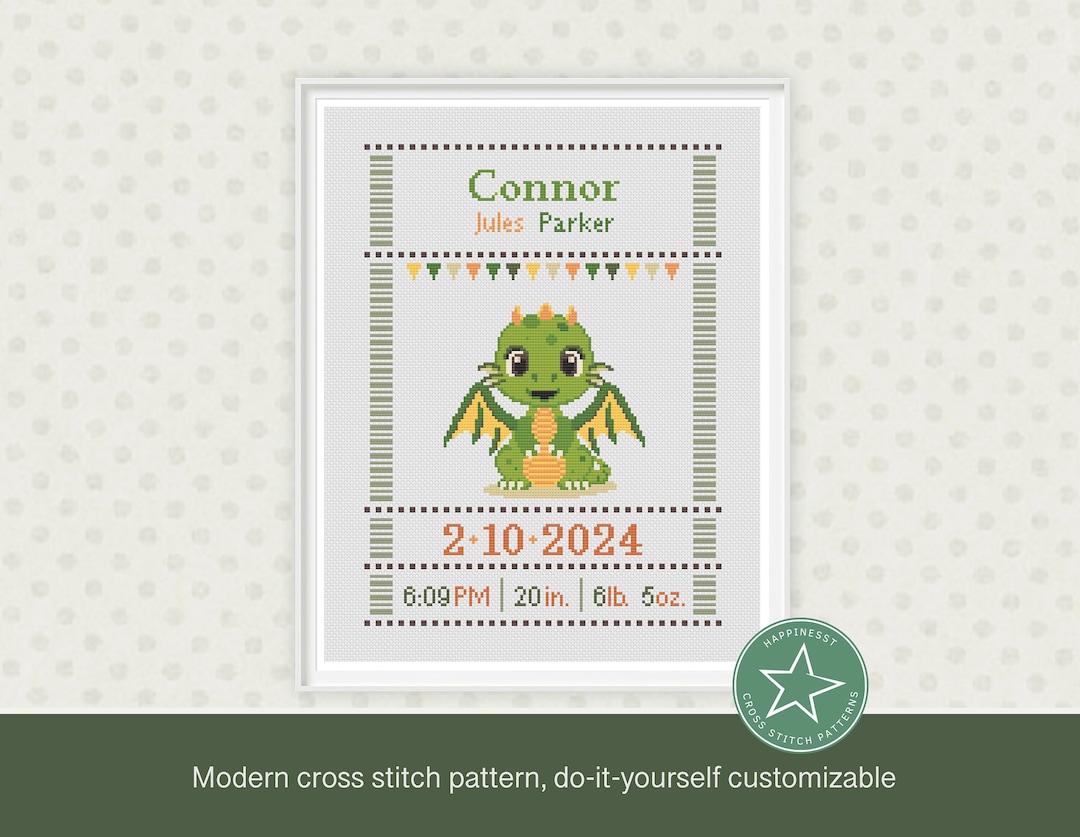 Cross Stitch Pattern Baby Birth Sampler Dragon, Birth Announcement ...