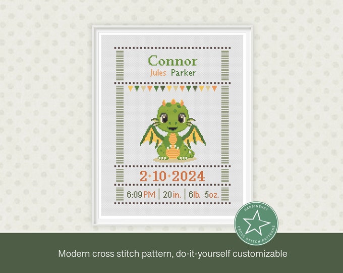 Cross Stitch Pattern Baby Birth Sampler Dragon, Birth Announcement ...