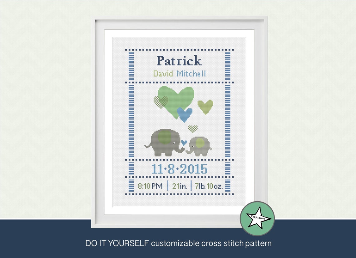 Cross Stitch Baby Birth Sampler, Birth Announcement, Elephants, Baby ...