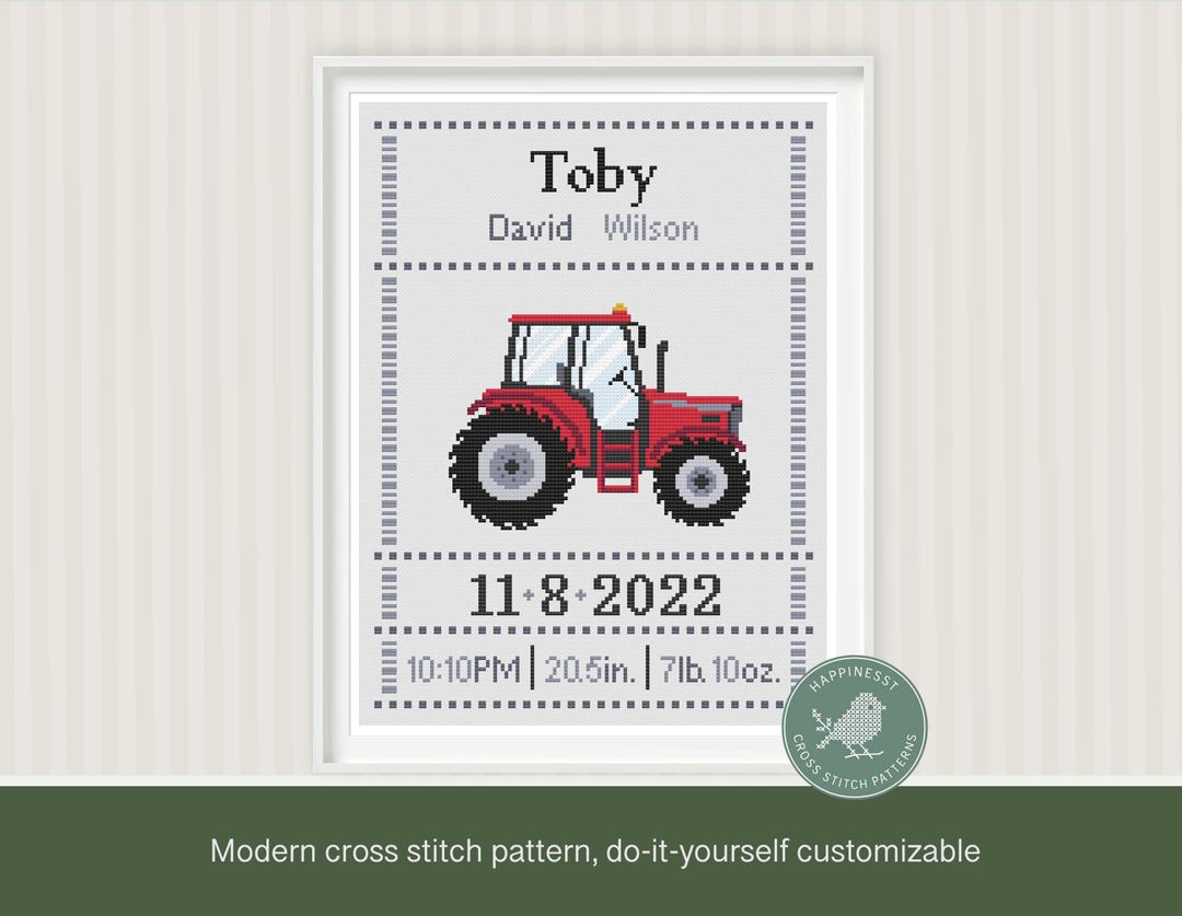 Tractor Baby Birth Sampler Cross Stitch Pattern: Customizable DIY (PDF ...