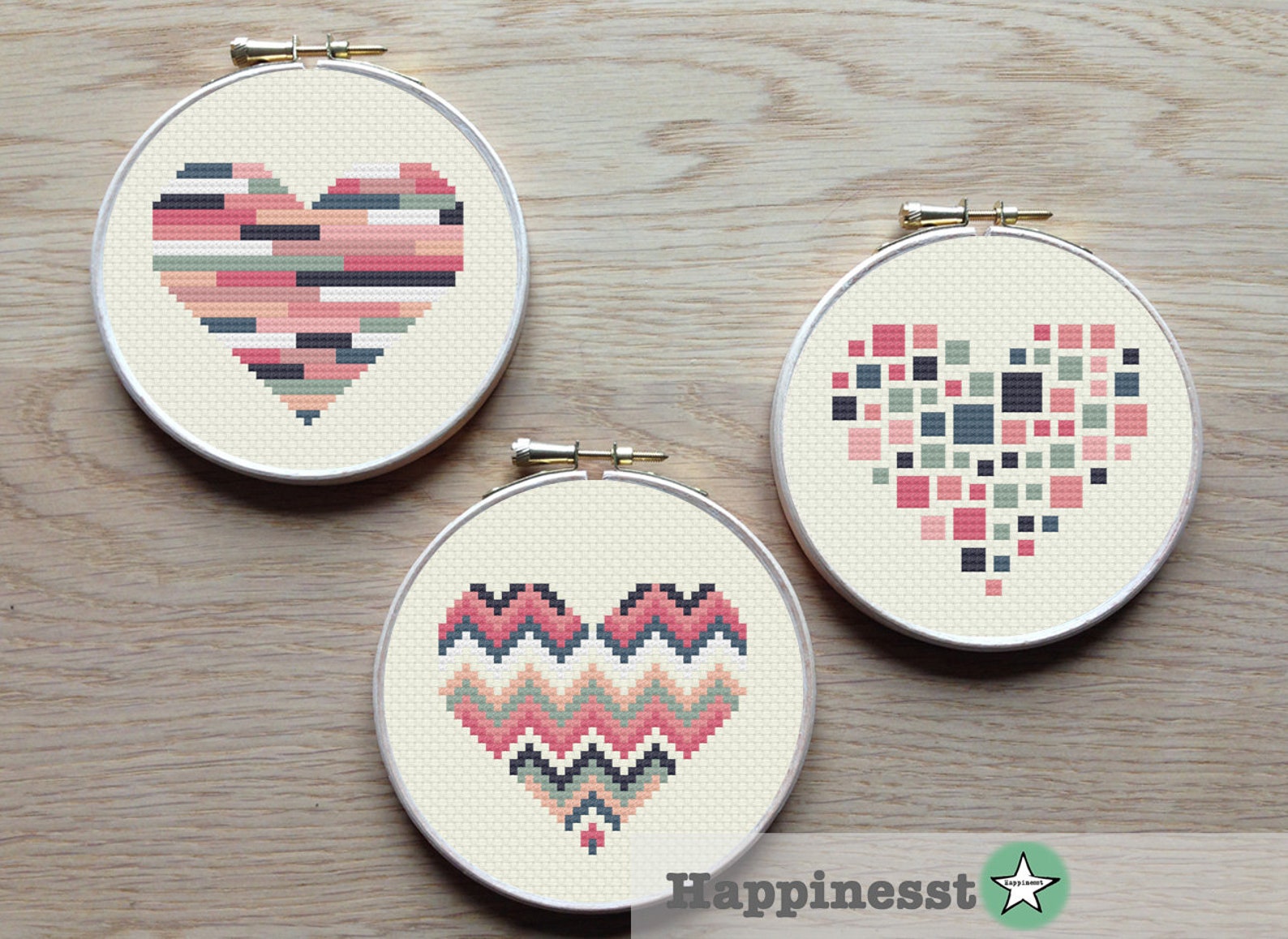 3 Geometric Modern Cross Stitch Heart Patterns Hearts Set of - Etsy