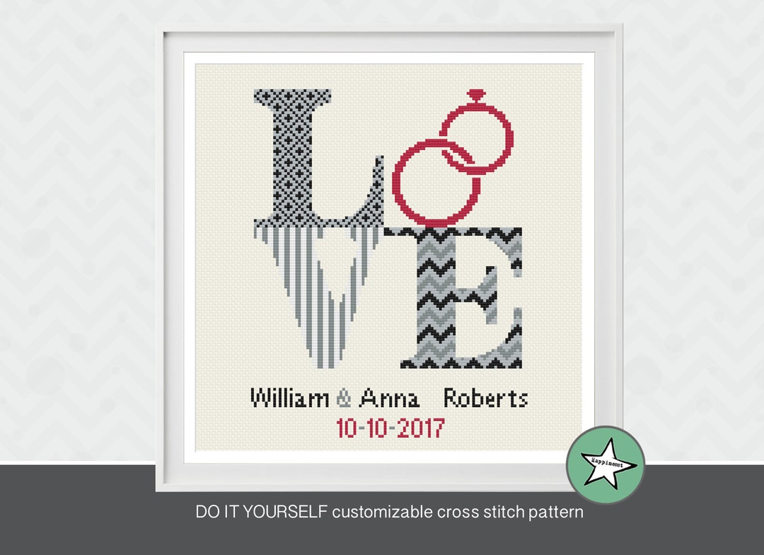 Cross Stitch Pattern Wedding Love Sign, Grey Black, DIY Customizable ...