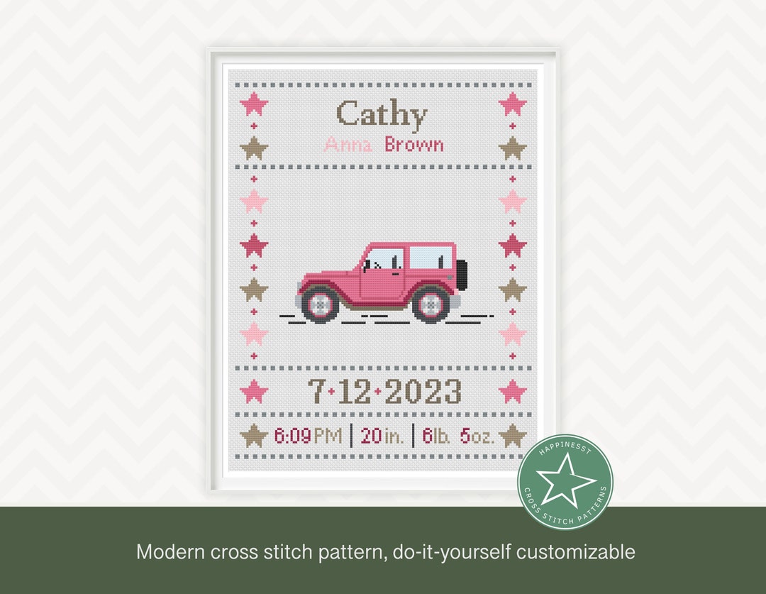 Cross Stitch Pattern Baby Birth Sampler Jeep Pink, Car, Birth ...