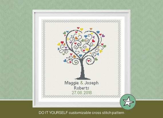 Wedding cross stitch pattern love tree rainbowcolors diy | Etsy