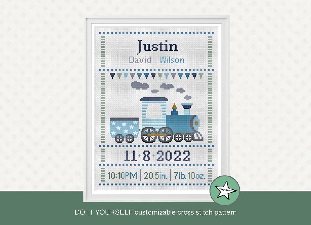 Train Baby Birth Sampler Cross Stitch Pattern: Customizable DIY (PDF ...