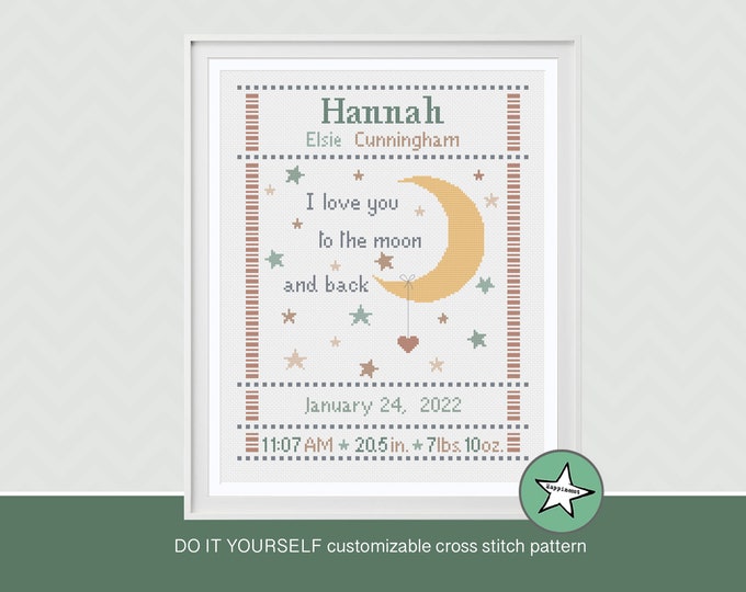 Cross Stitch Pattern Baby Birth Sampler, Birth Announcement, I Love You ...