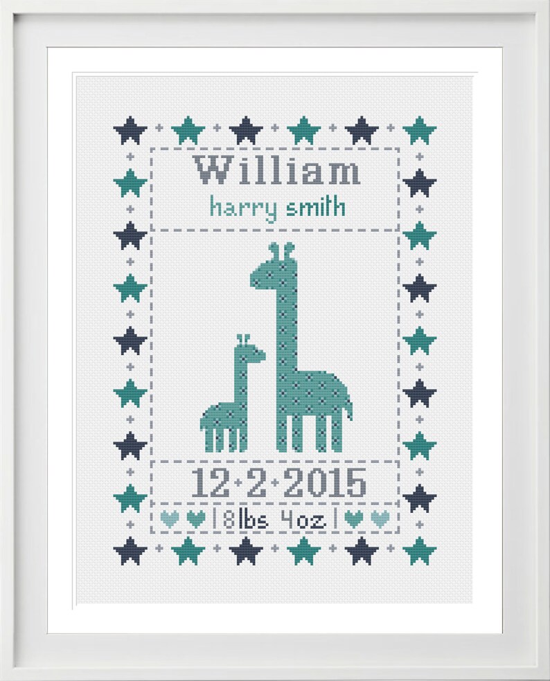 Cross stitch baby birth sampler birth announcement giraffes | Etsy
