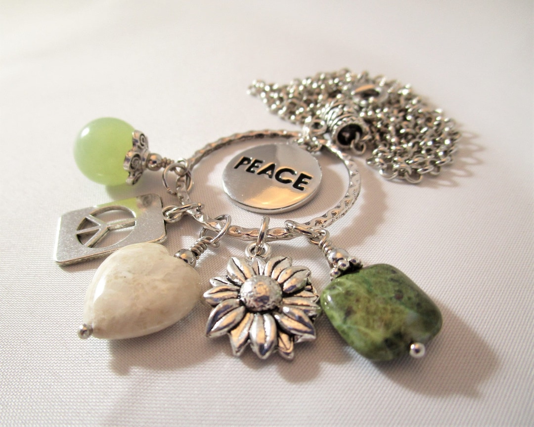 Peace Necklace / Charm Cluster Necklace / Green Pendant / Summer of ...