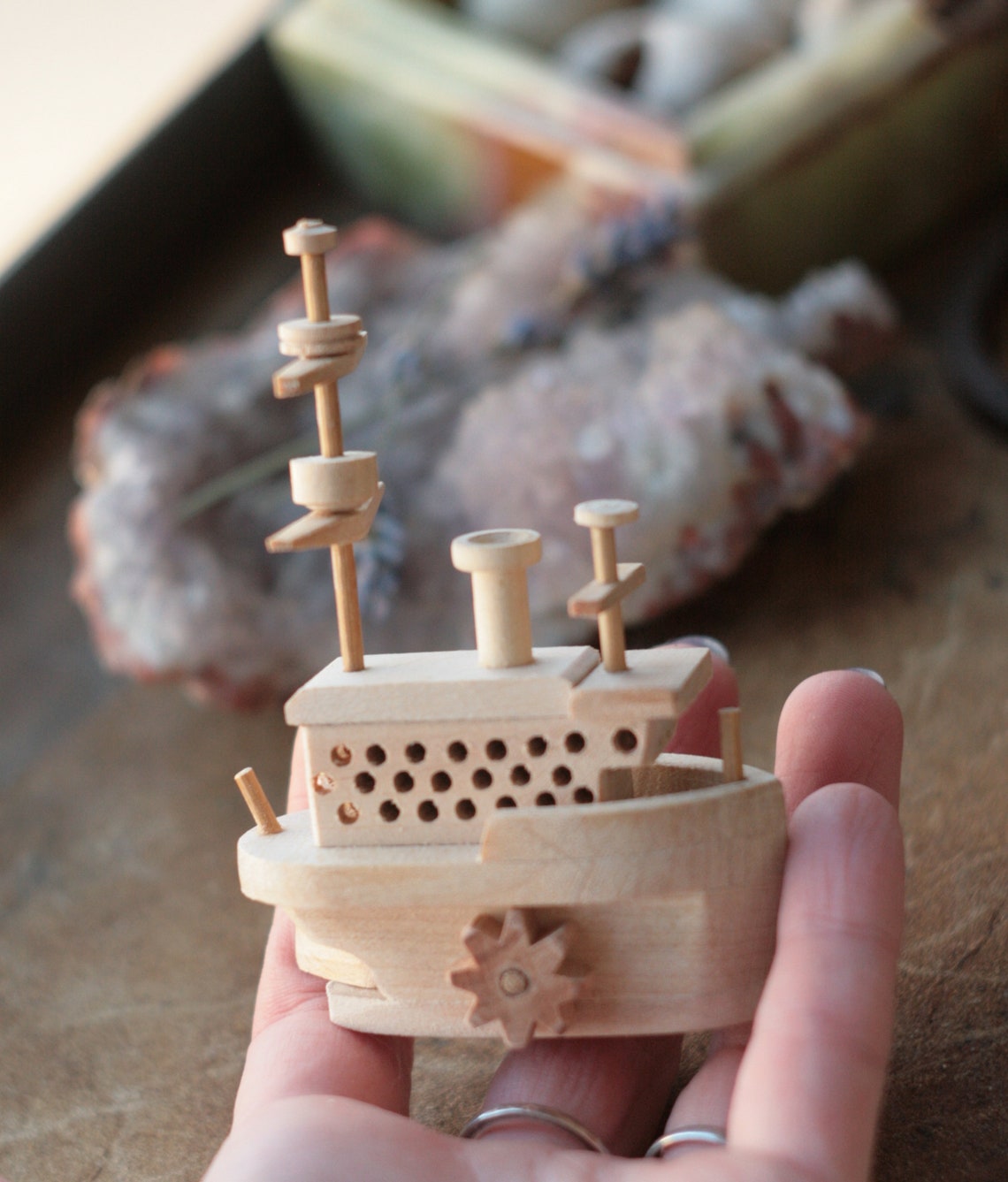 Wooden Boat With Rotating Wheel Wood Ship Model Collectible - Etsy