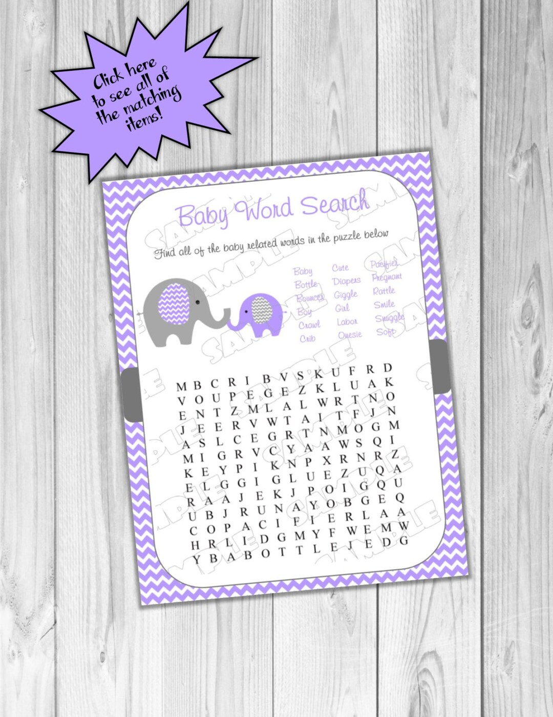 Elephant Baby Shower Games Purple and Gray Word Search Game - Etsy