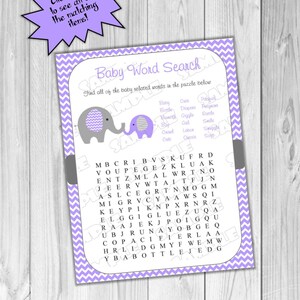 Elephant Baby Shower Games Purple and Gray Word Search Game - Etsy