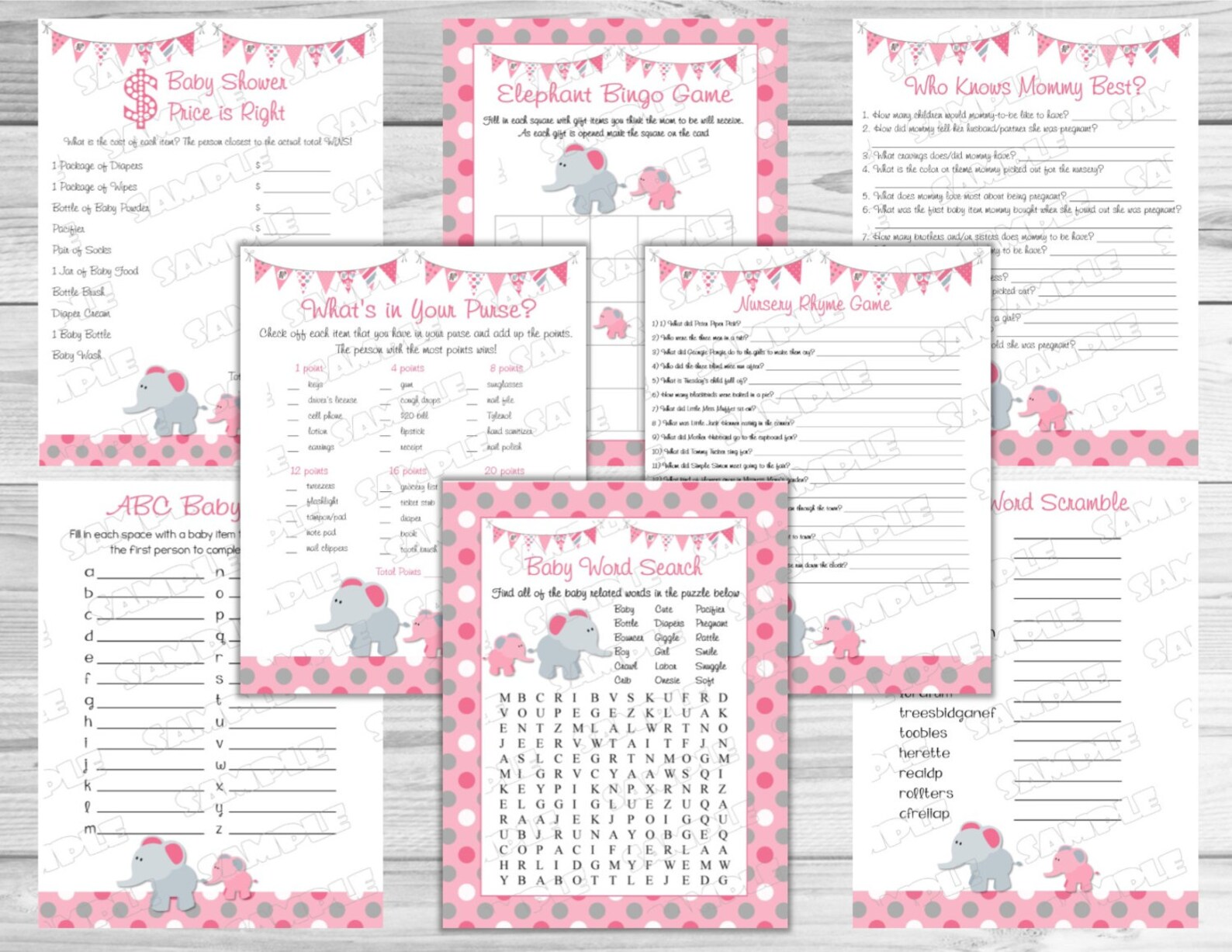 Pink Elephant Baby Shower Games Set of 8 Baby Shower Games Printable ...