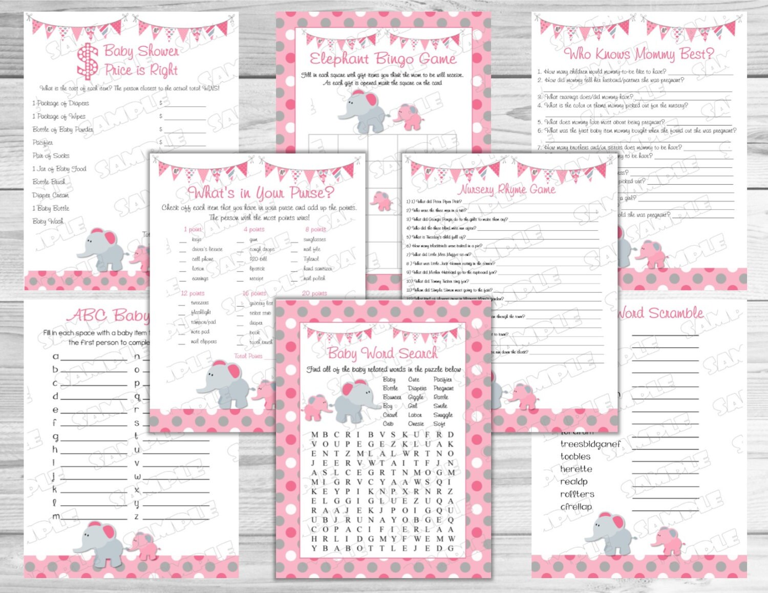 Pink Elephant Baby Shower Games Set of 8 Baby Shower Games | Etsy