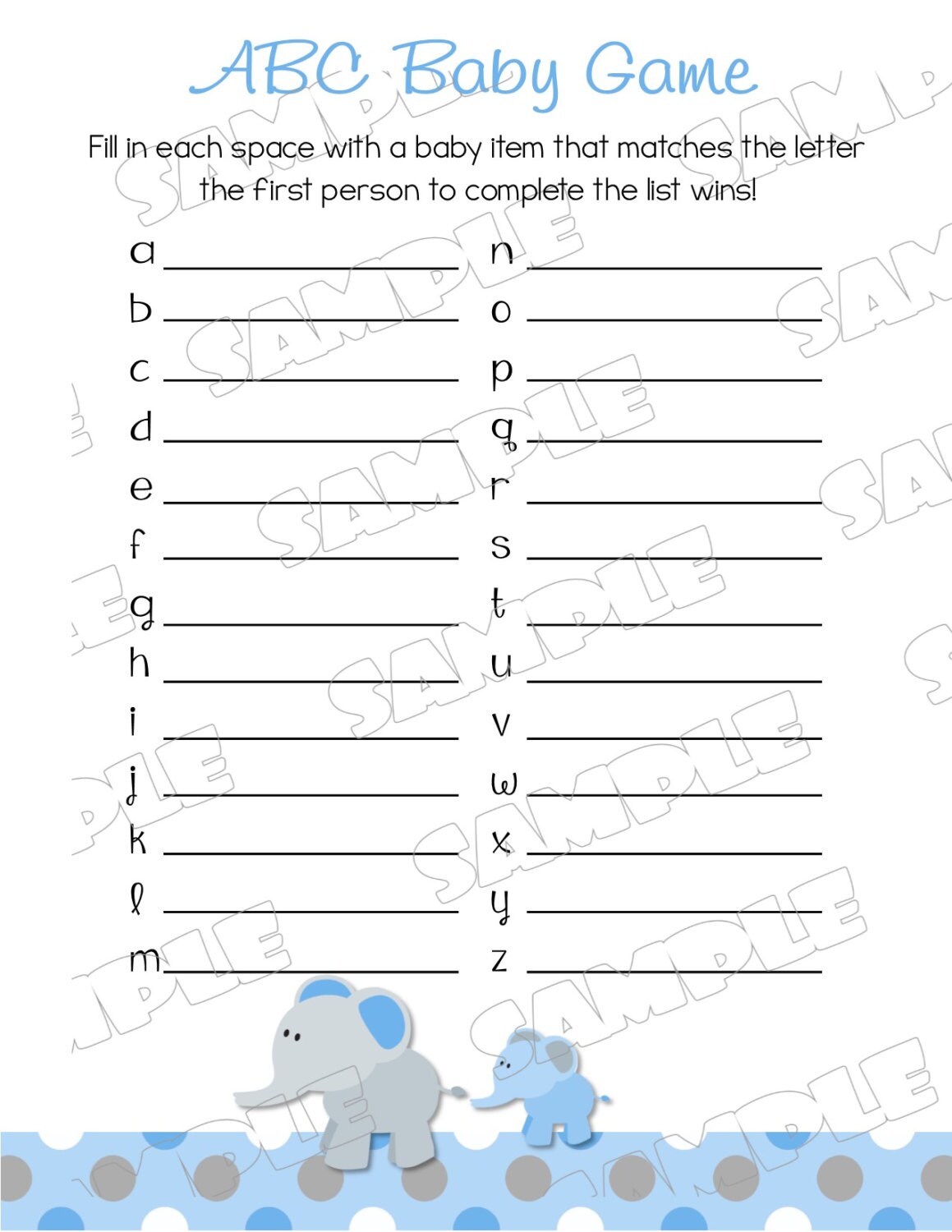 ABC Baby Shower Game Blue Elephant Printable INSTANT DOWNLOAD - Etsy