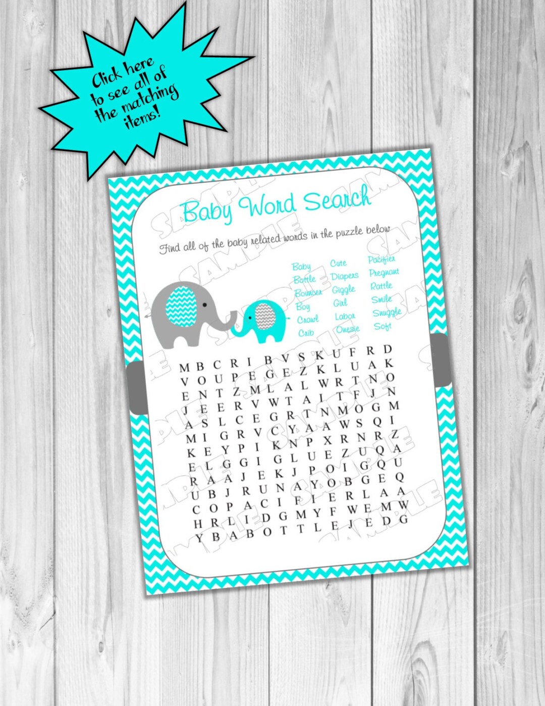 Elephant Baby Shower Games Aqua and Gray Word Search Baby Shower Game ...