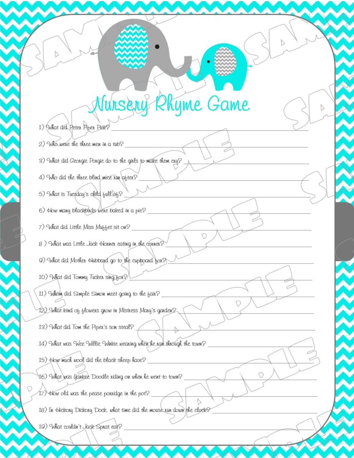 Elephant Baby Shower Games Aqua and Gray Nursery Rhyme Game - Etsy