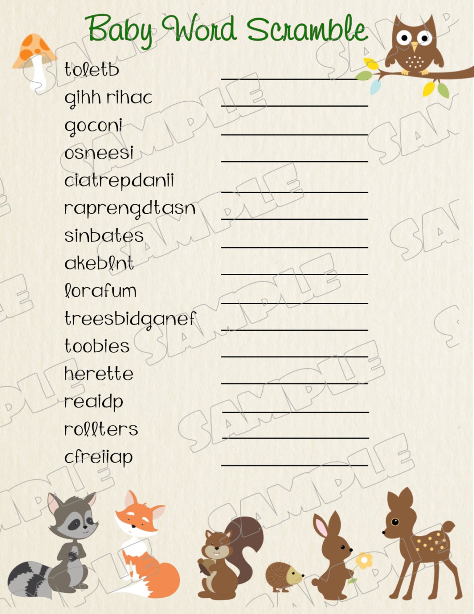 Woodland Forest Animals Baby Word Scramble Baby Shower | Etsy