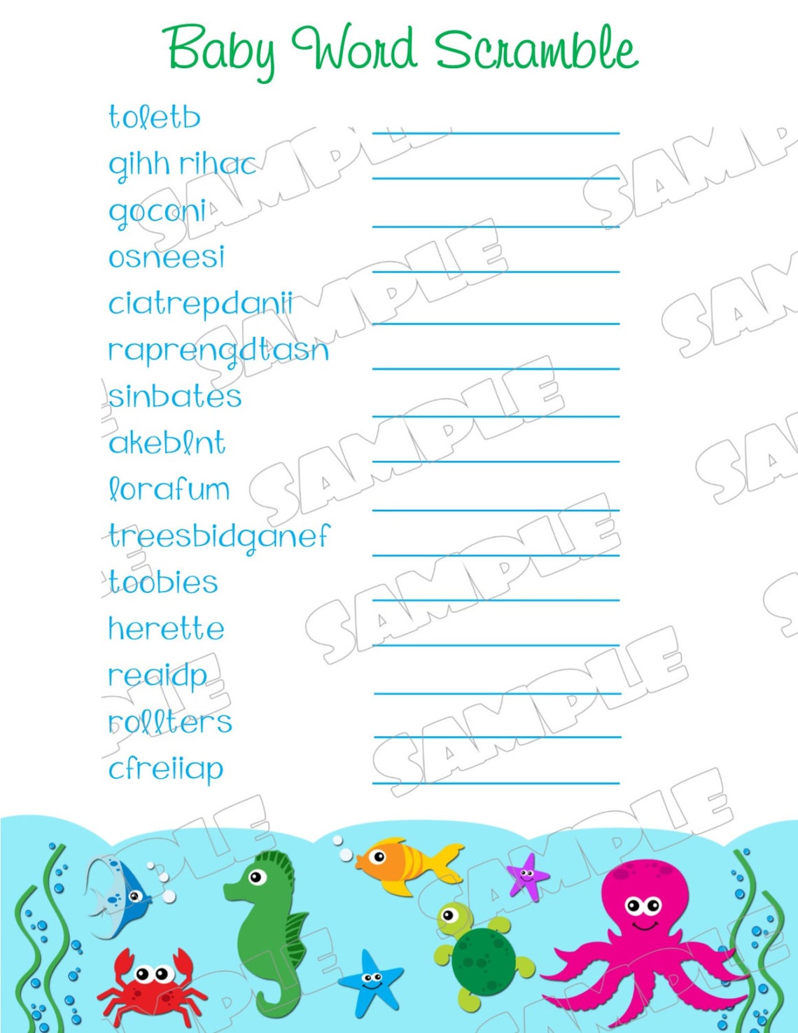 Under the Sea Baby Shower Games Word Scramble Game Printable - Etsy