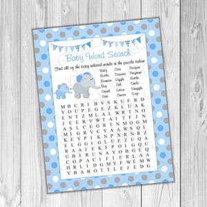 Word Scramble Baby Shower Game Blue Elephant Printable INSTANT DOWNLOAD ...