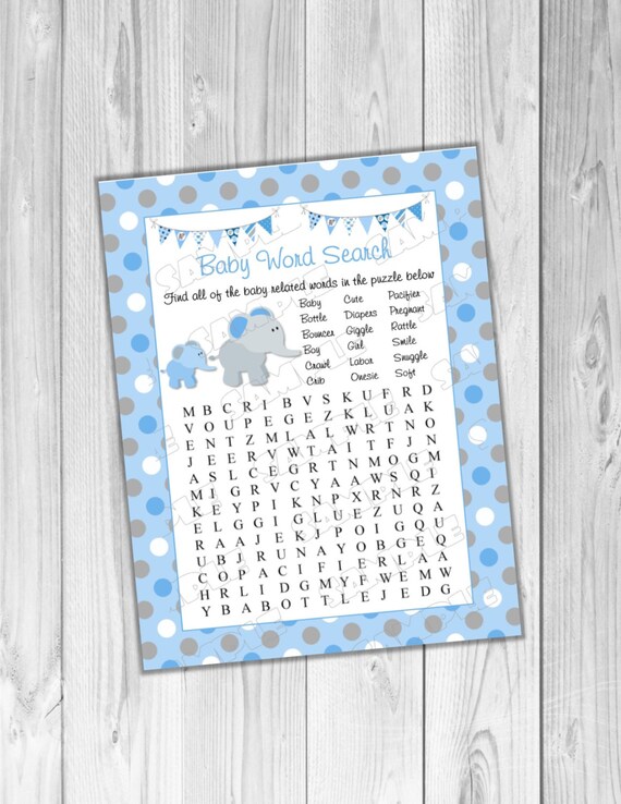Word scramble baby shower game blue elephant Printable INSTANT DOWNLOAD ...