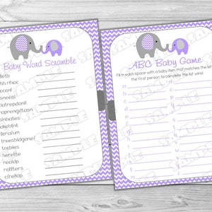 Elephant Baby Shower Games Purple and Gray Set of 8 Games Bundle Baby ...