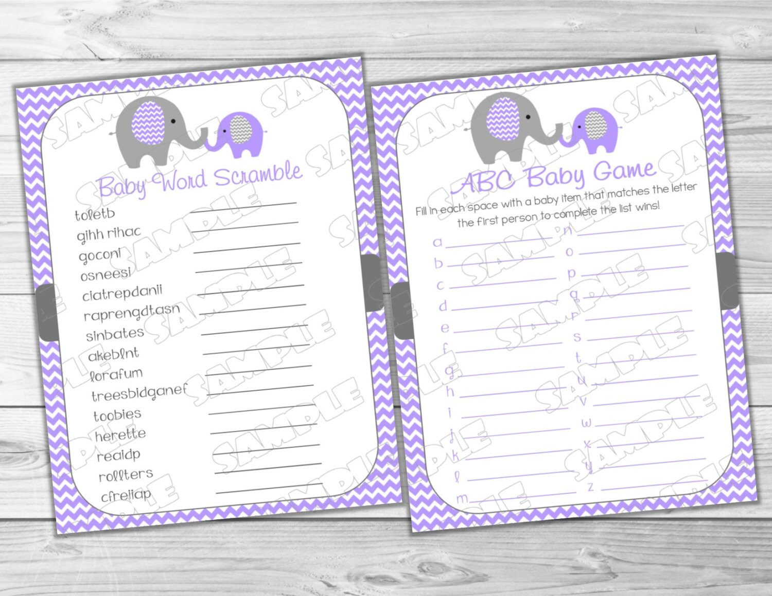 Elephant Baby Shower Games Purple and Gray Set of 8 Games Bundle Baby ...