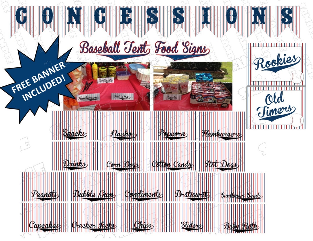 Baseball Party Food Signs and Concessions Banner 18 Food Signs ...