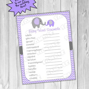 Elephant Baby Shower Games Purple and Gray Word Scramble Baby Shower ...