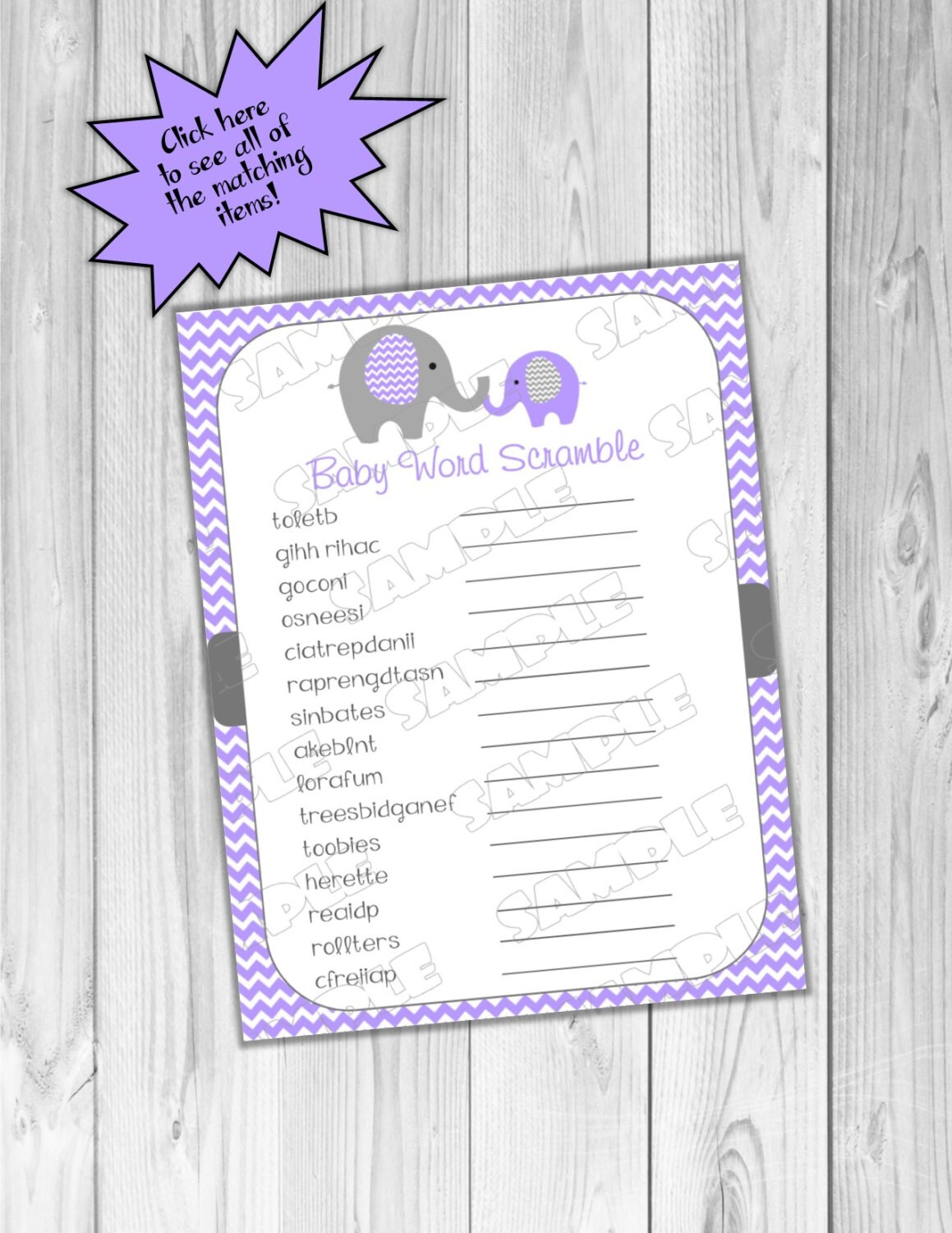 Elephant Baby Shower Games Purple and Gray Word Scramble Baby | Etsy