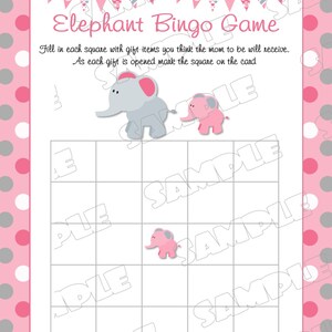 Pink Elephant Bingo Baby Shower Game Printable INSTANT DOWNLOAD Uprint ...