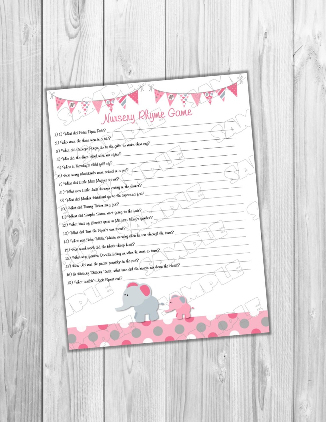 Pink Elephant Nursery Rhyme Game Baby Shower Game Printable - Etsy