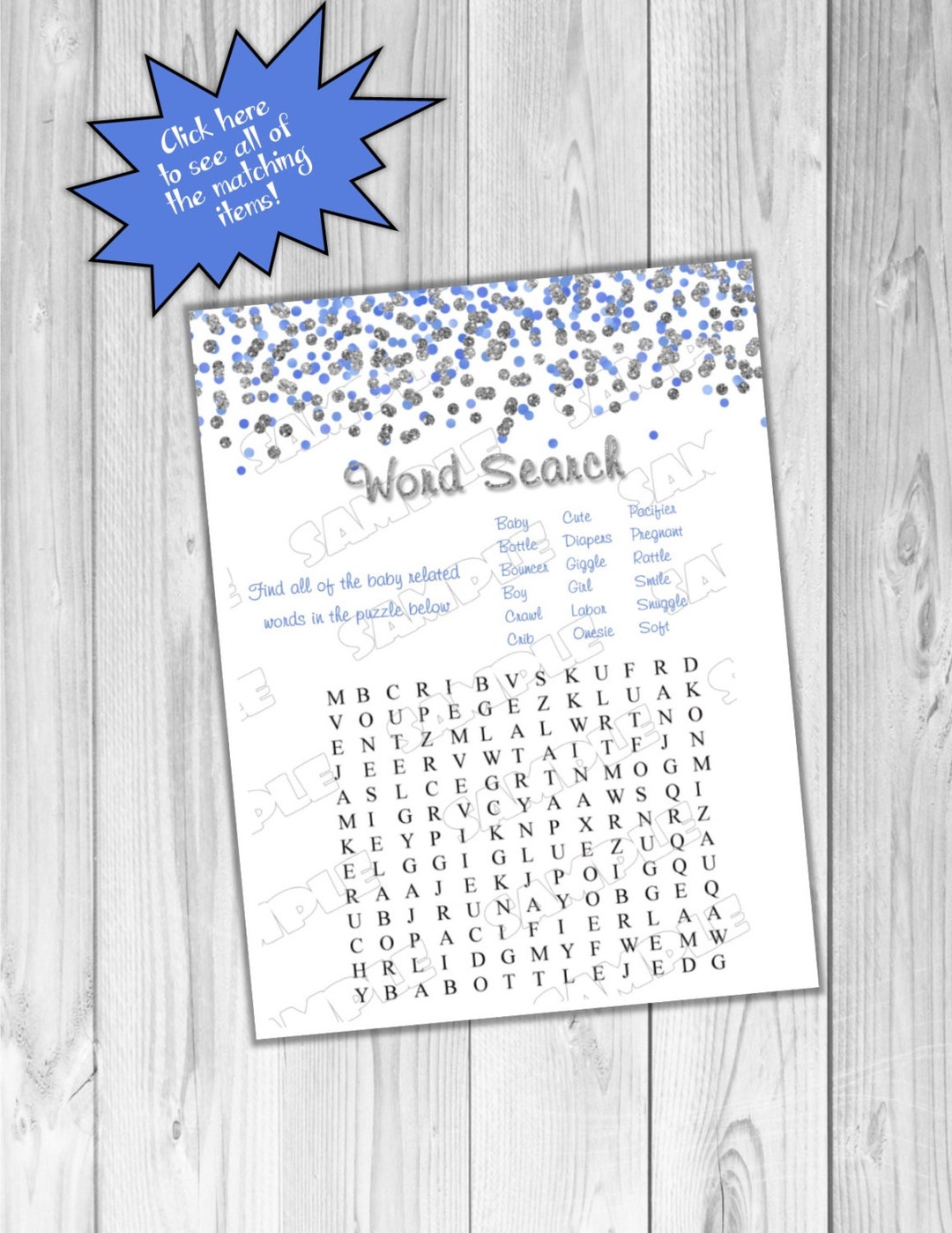 Blue and Silver Baby Shower Games Word Search Game Glitter Printable ...