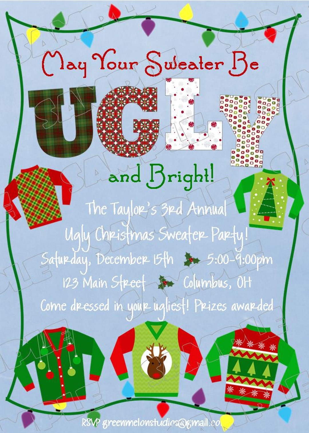 Ugly Christmas Sweater Party Holiday Card Any Colors Uprint - Etsy