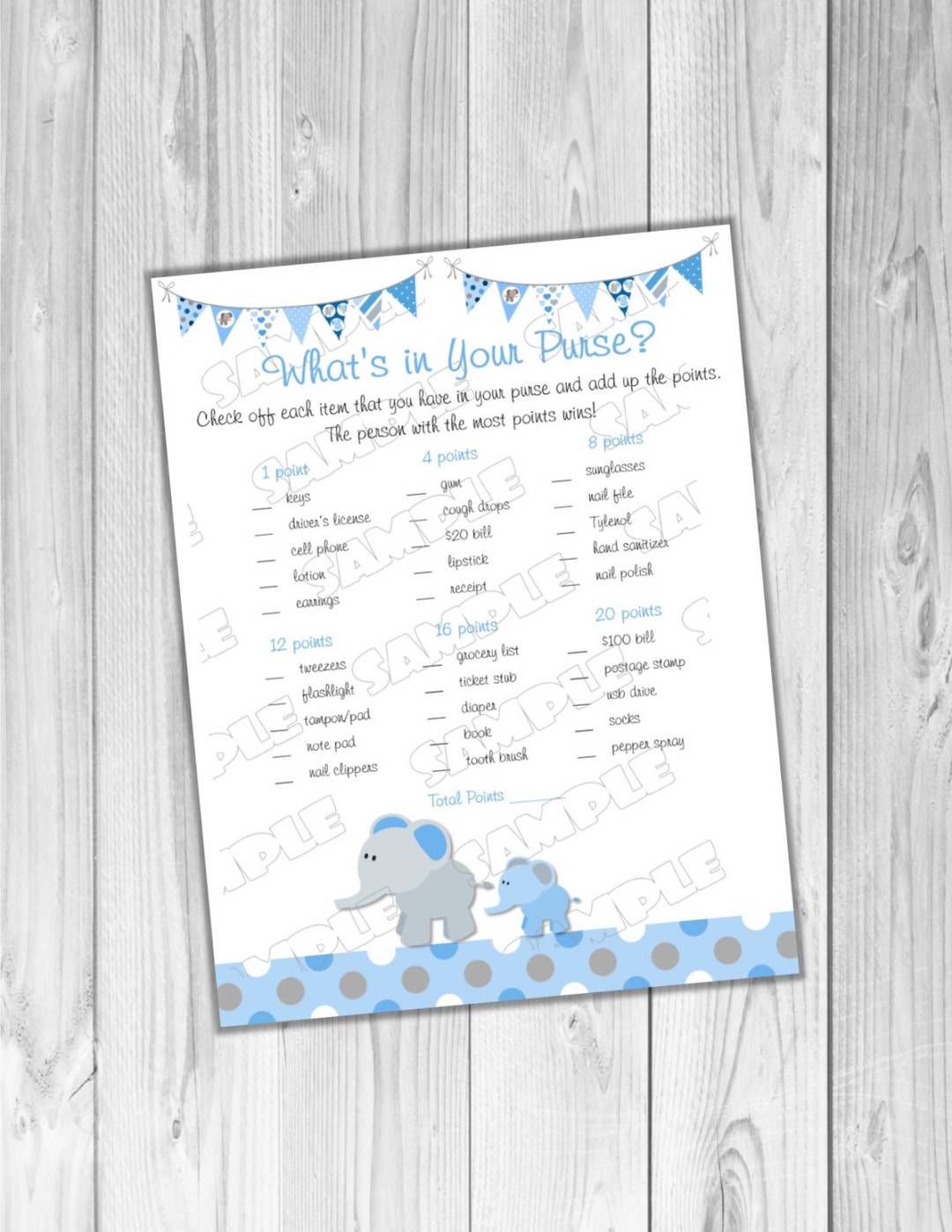 What's in Your Purse Baby Shower Game Blue Elephant - Etsy
