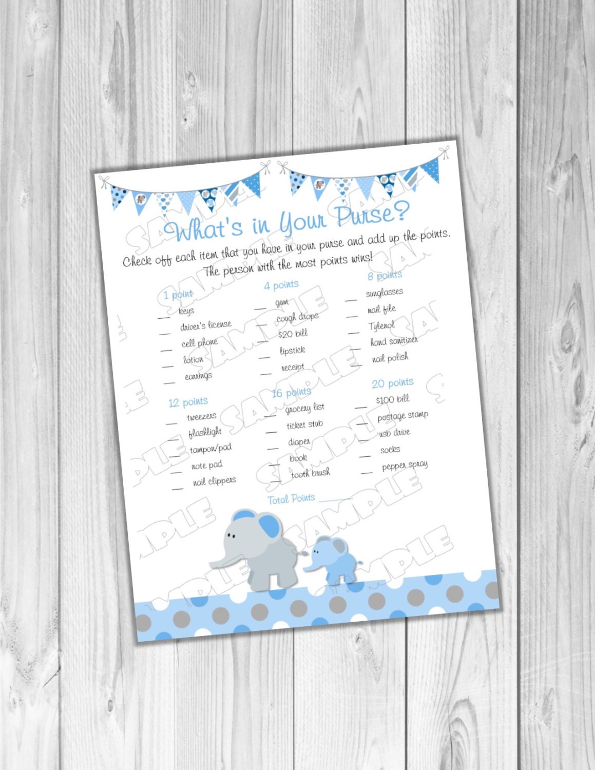 What's in Your Purse Baby Shower Game Blue Elephant - Etsy