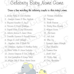 Yellow Elephant Celebrity Baby Name Game Baby Shower Game - Etsy