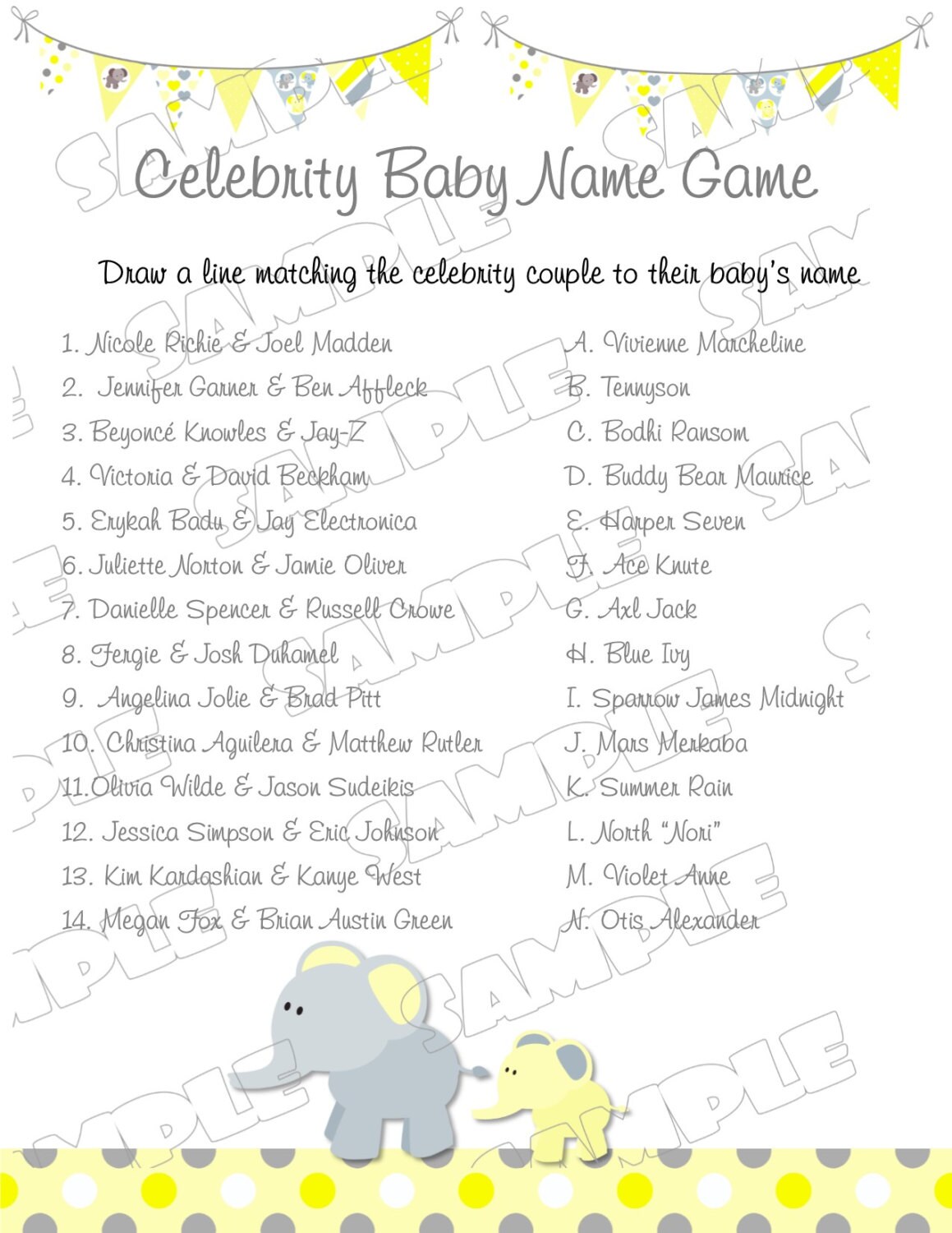 Yellow Elephant Celebrity Baby Name Game Baby Shower Game | Etsy