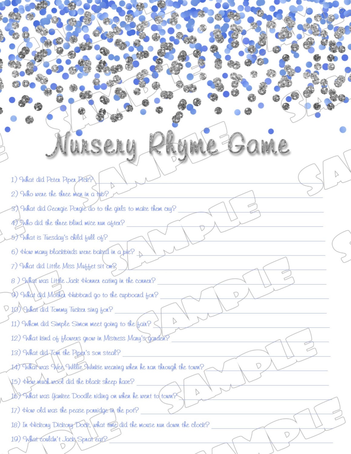 Blue and Silver Baby Shower Games Nursery Rhyme Game Glitter | Etsy