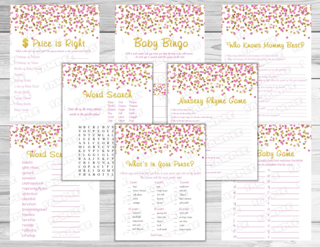 Pink and Gold Baby Shower Games Set of 8 Games Bundle Glitter Printable ...