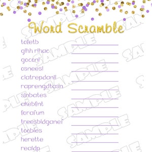 Purple and Gold Baby Shower Games Word Scramble Game Printable - Etsy