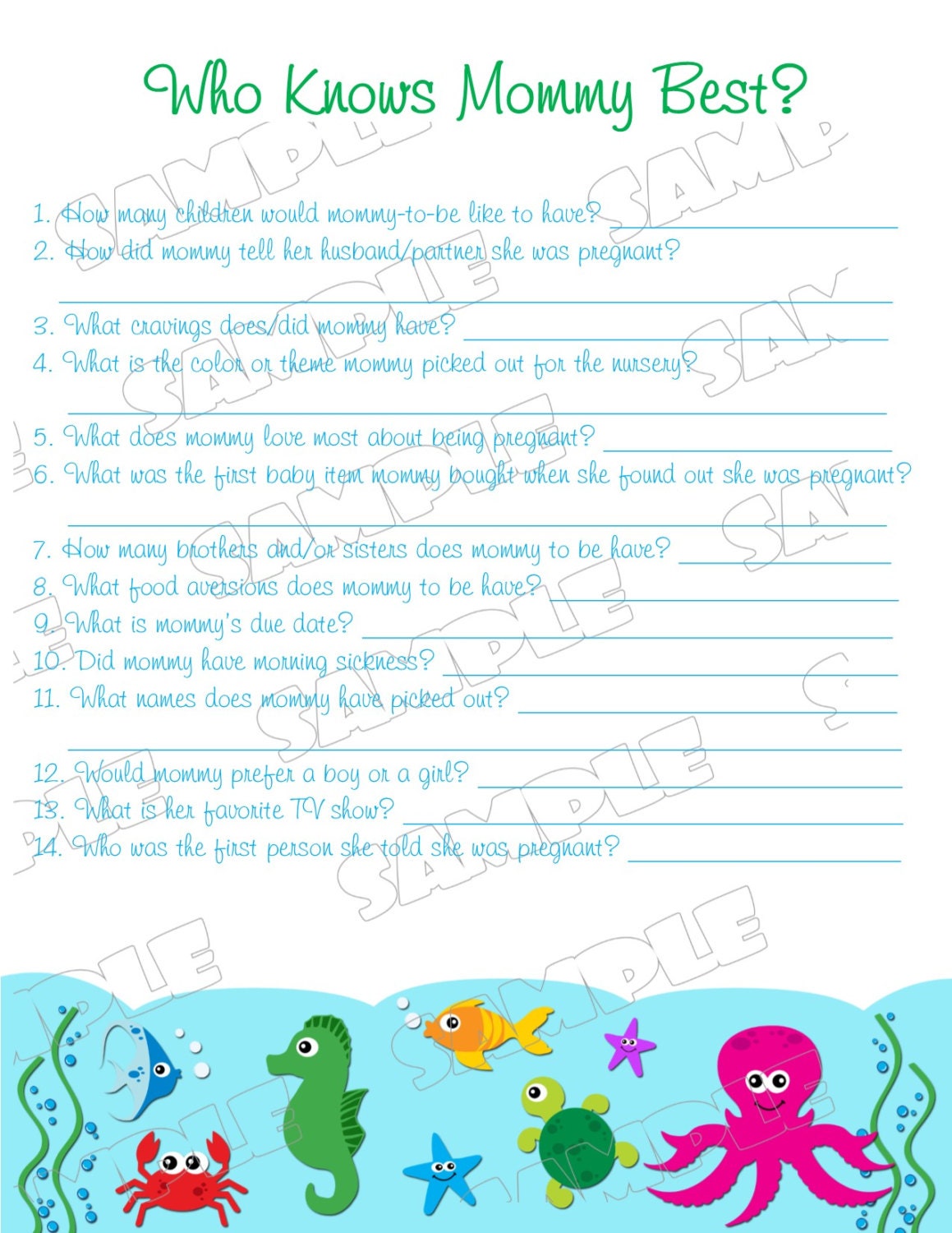 Under the Sea Baby Shower Games Who Knows Mommy Best Printable | Etsy