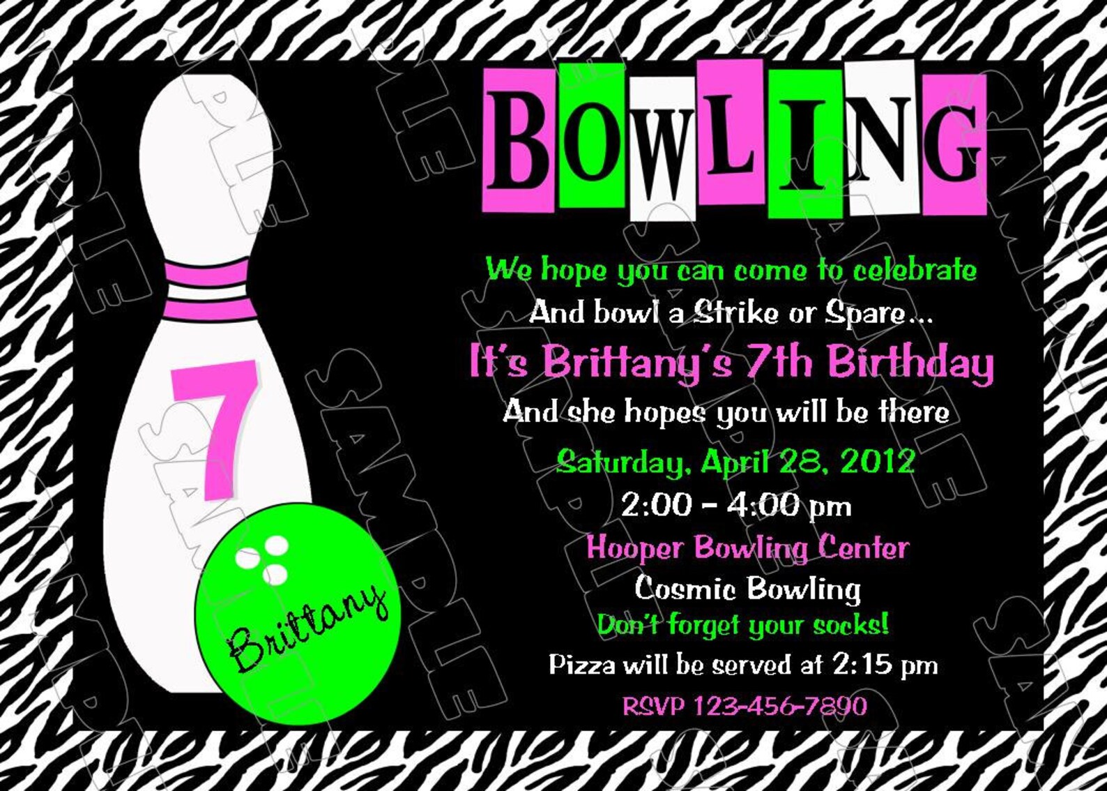 Bowling Birthday Party Zebra ANY COLOR Printable Invitation - Etsy